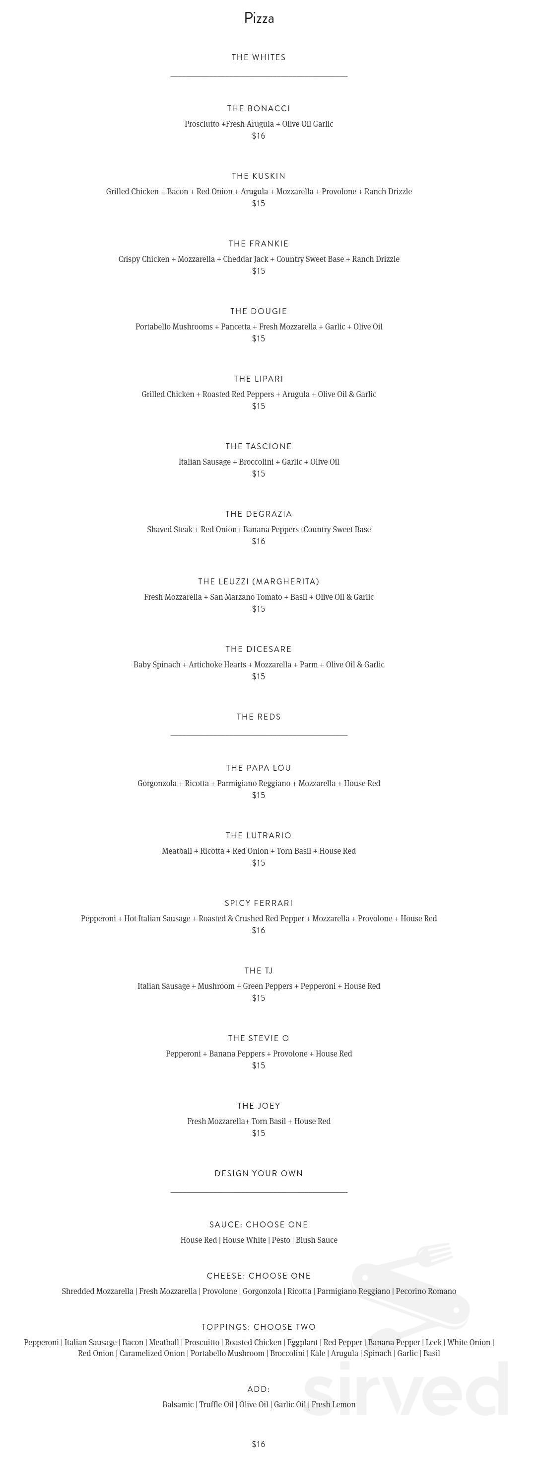 Ferrari Pizza Bar menu in Rochester, New York, USA