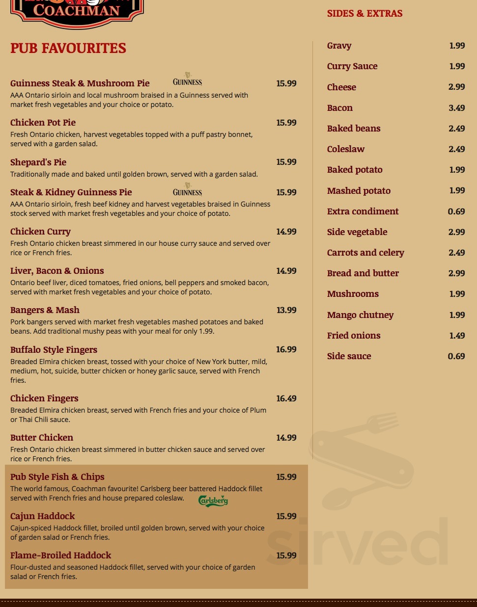 Royal Coachman menu in Waterdown, Ontario, Canada