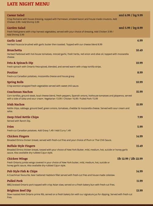 Royal Coachman menu in Waterdown, Ontario, Canada