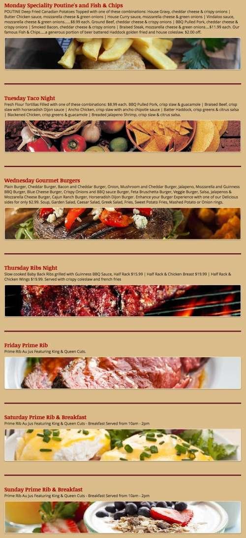 Royal Coachman menu in Waterdown, Ontario, Canada