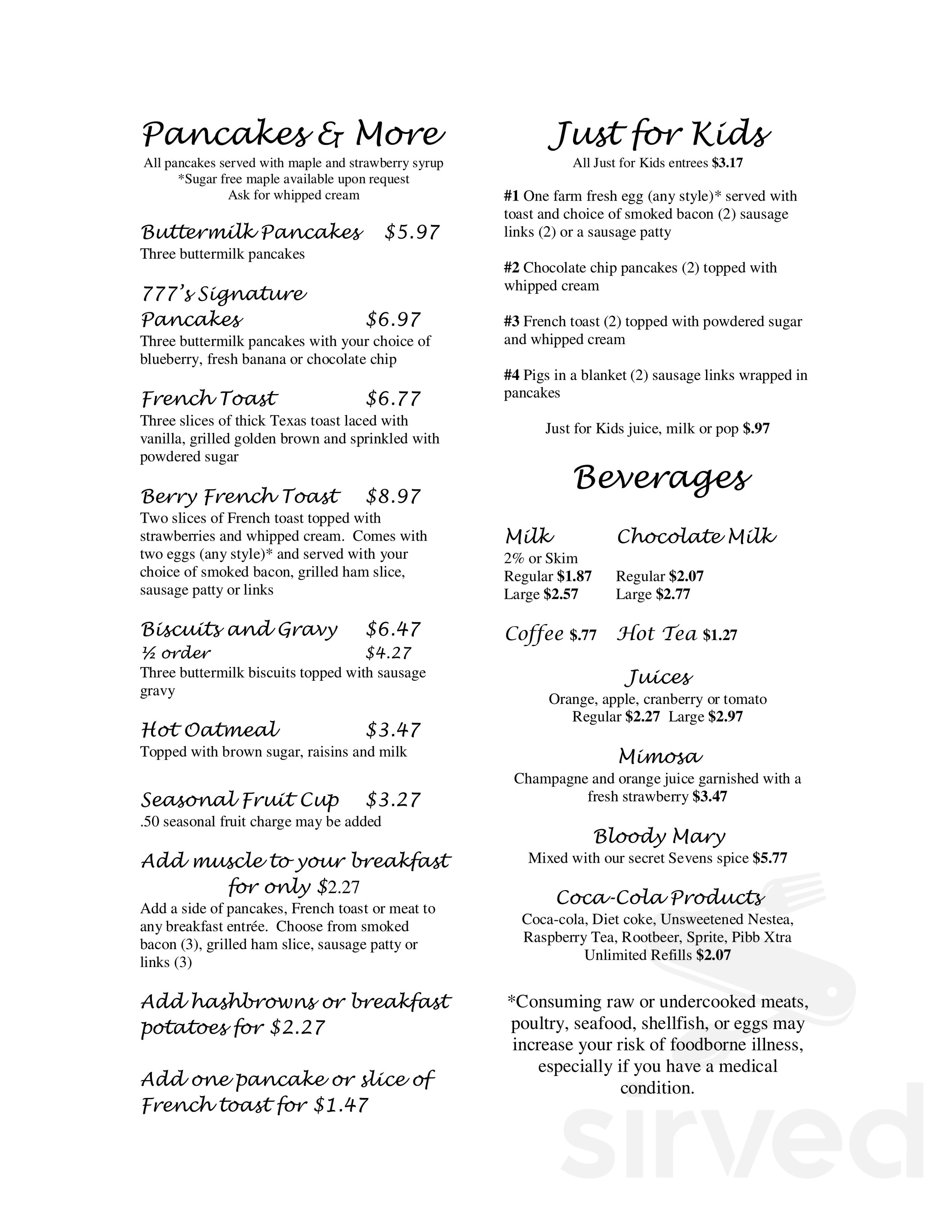 Sevens Restaurant & Steakhouse menu in Clear Lake, Iowa, USA