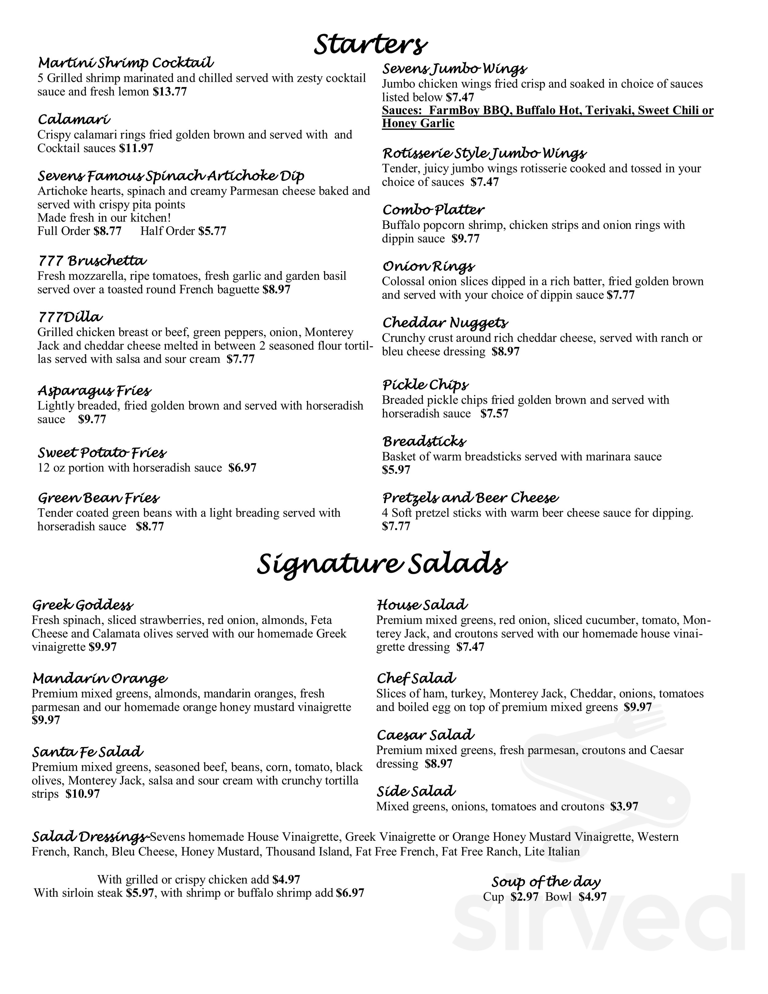 Sevens Restaurant & Steakhouse menu in Clear Lake, Iowa, USA