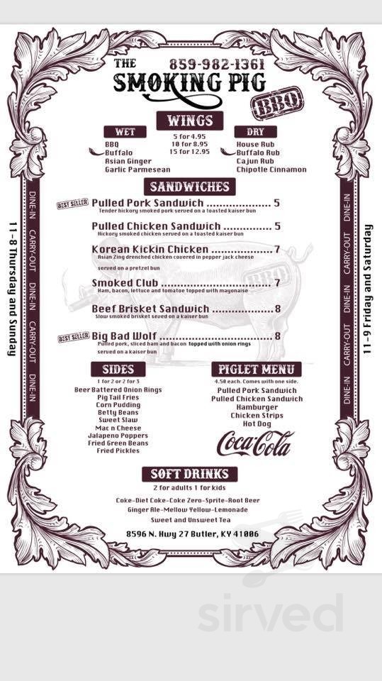The Smoking Pig menu in Butler, Kentucky, USA