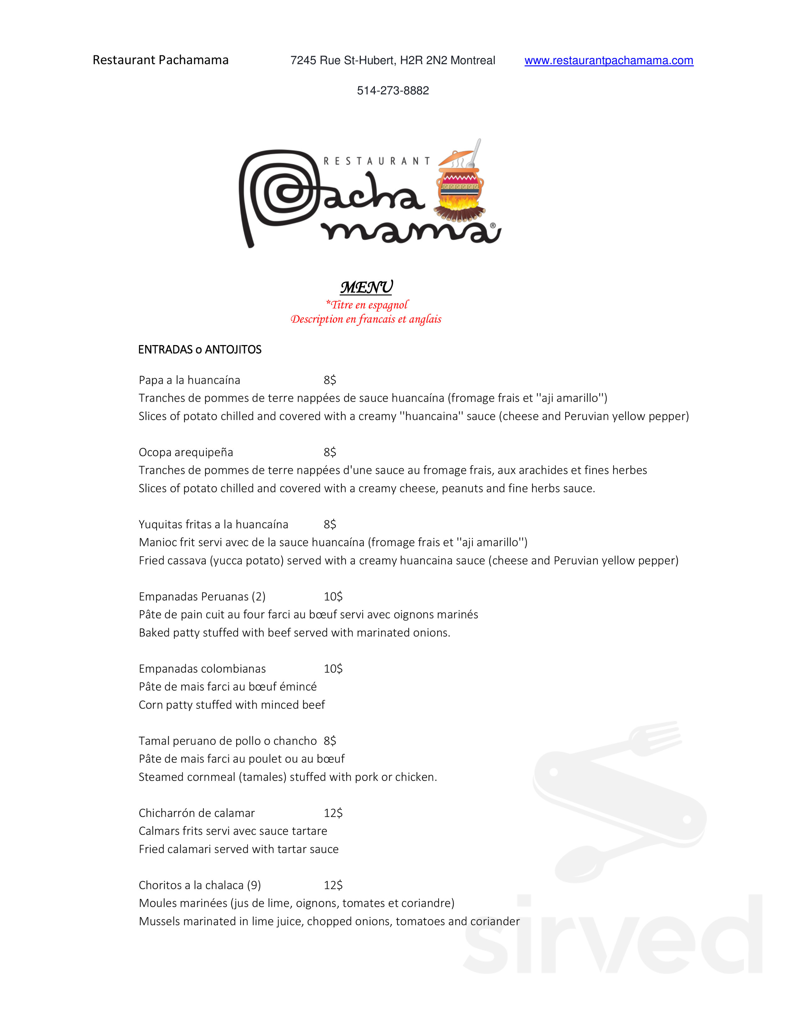 Restaurant Pachamama menu in Montréal, Quebec, Canada
