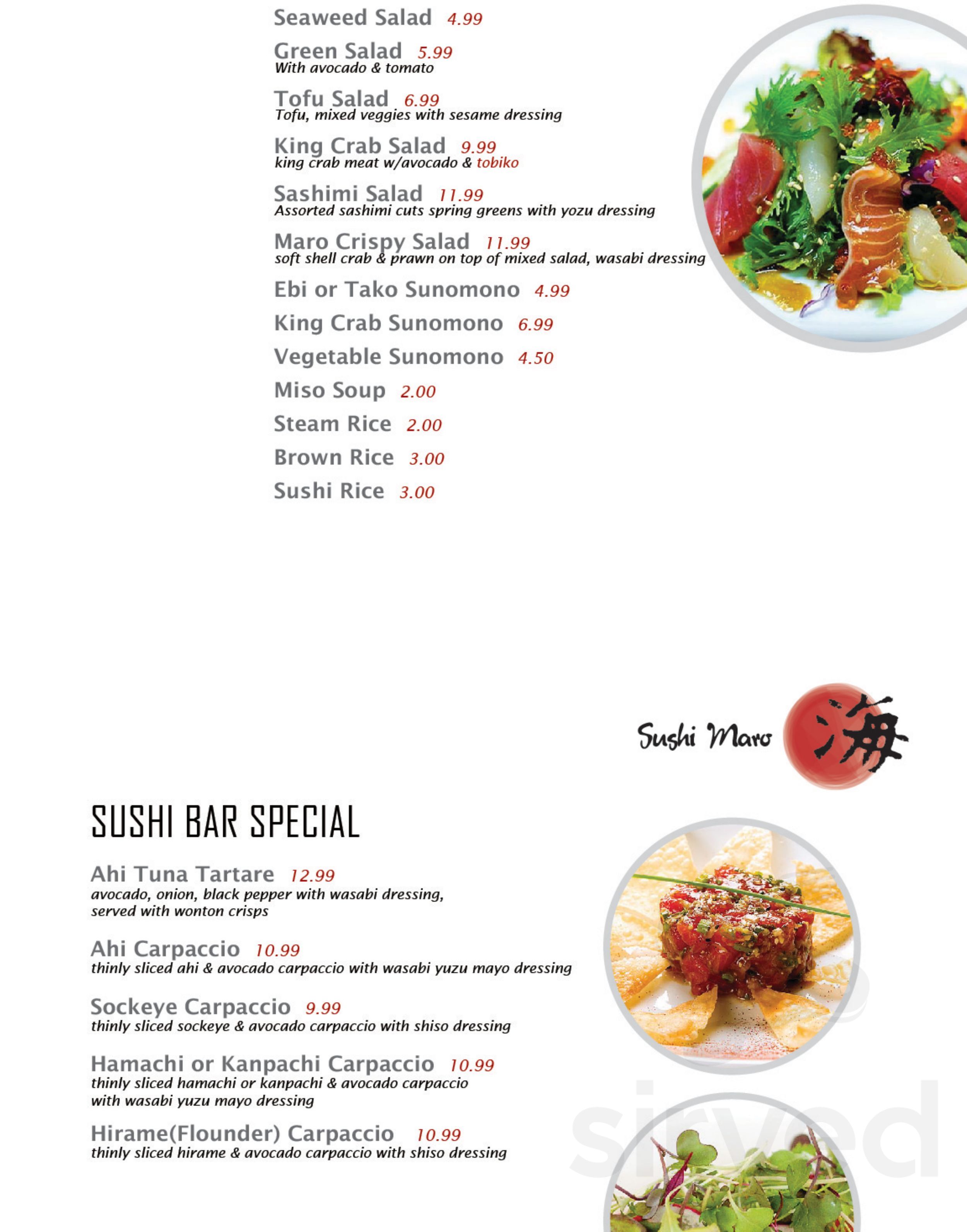Sushi Maro Japanese Restaurant menus in Vancouver, British Columbia, Canada