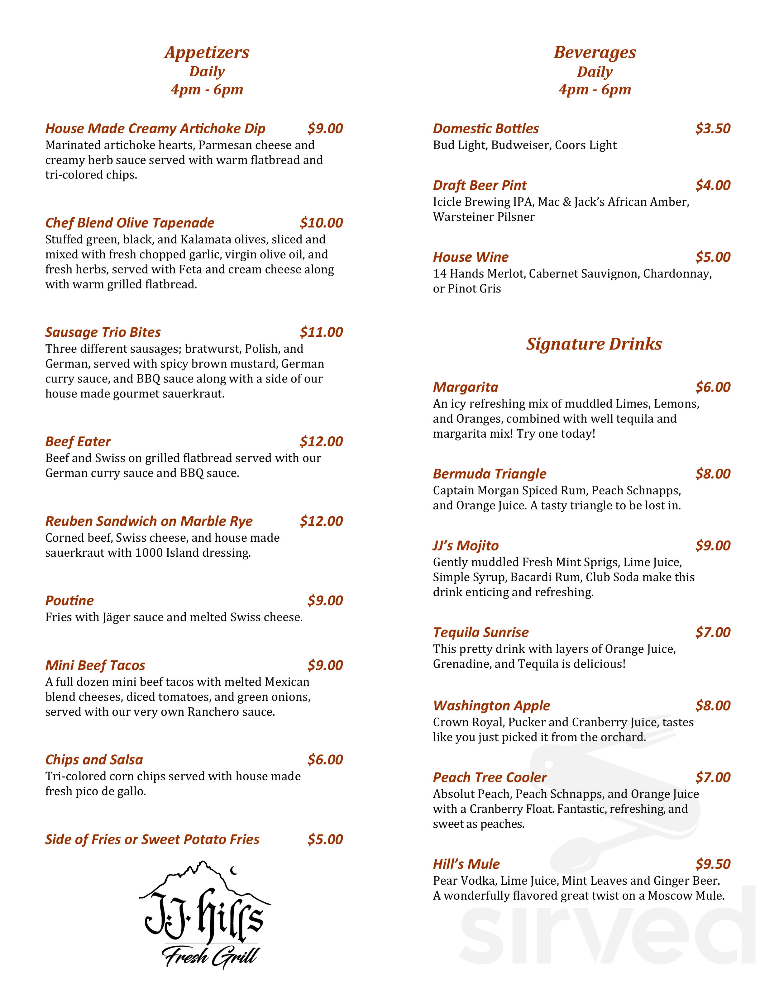 J J Hills Fresh Grill Restaurant in Leavenworth menu in Leavenworth ...