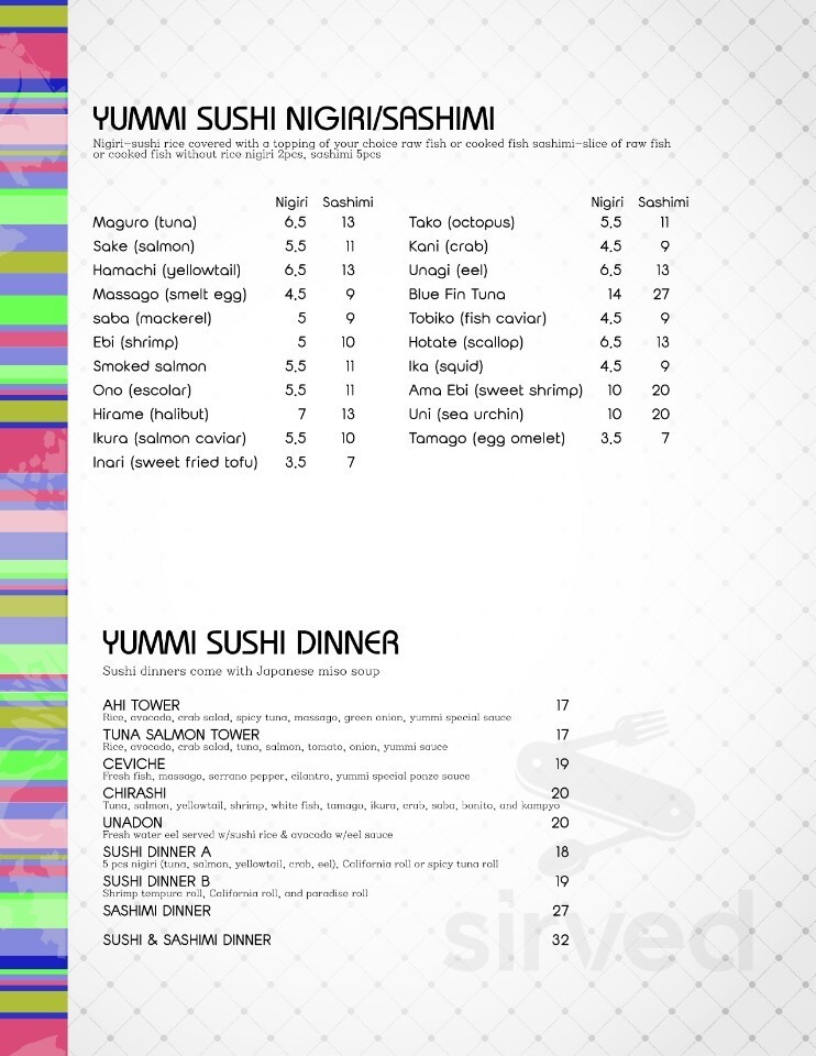 Menu for Yummi Japanese Restaurant in San Antonio, Texas, United States