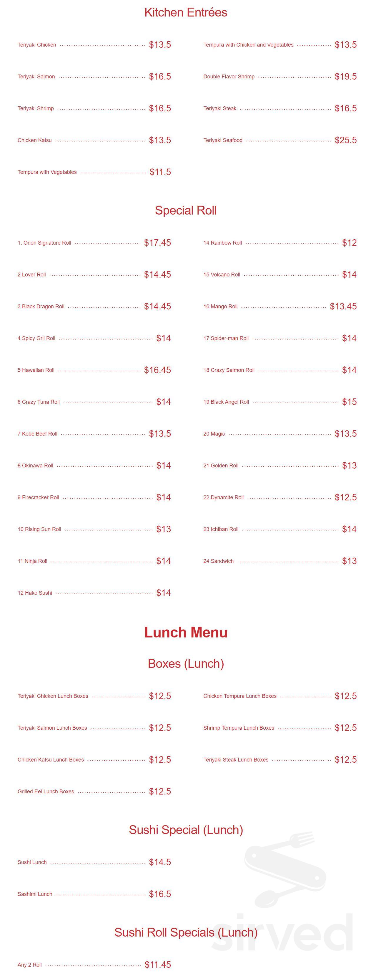 Orion Sushi menu in Lakewood, Colorado, USA