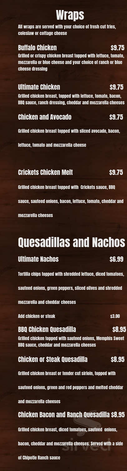 Crickets Bar and Grill menu in Youngstown, Ohio, USA