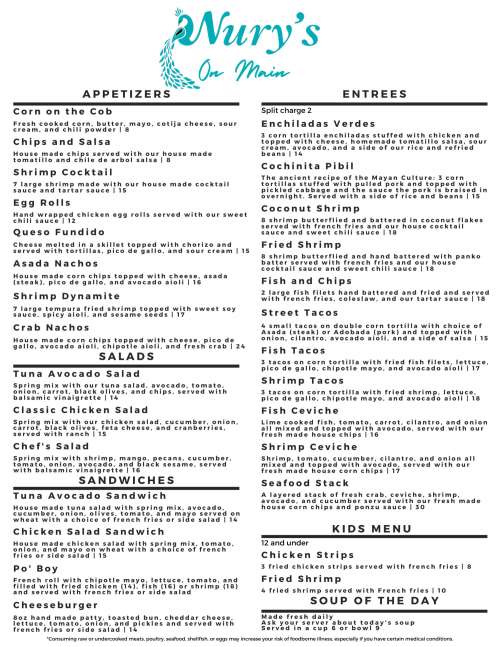 Nury's On Main menu in Fredericksburg, Texas, USA