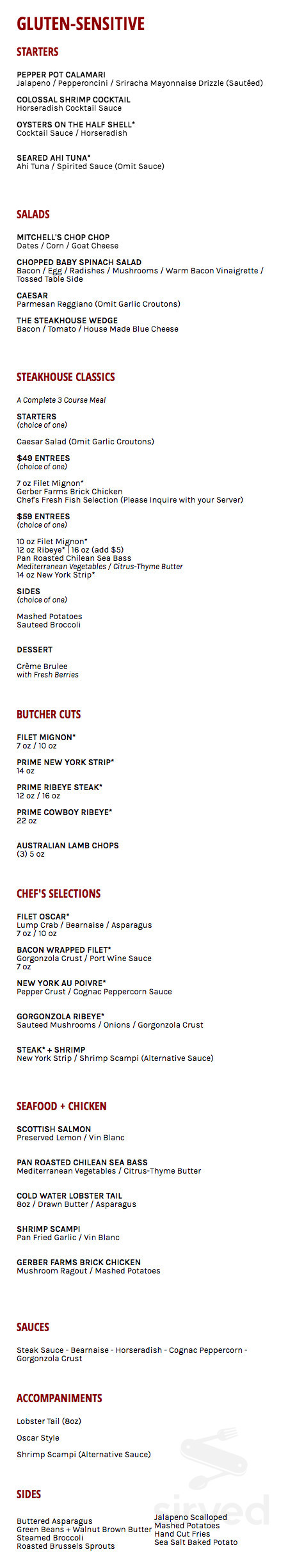 Mitchell's Steakhouse menu in Columbus, Ohio, USA