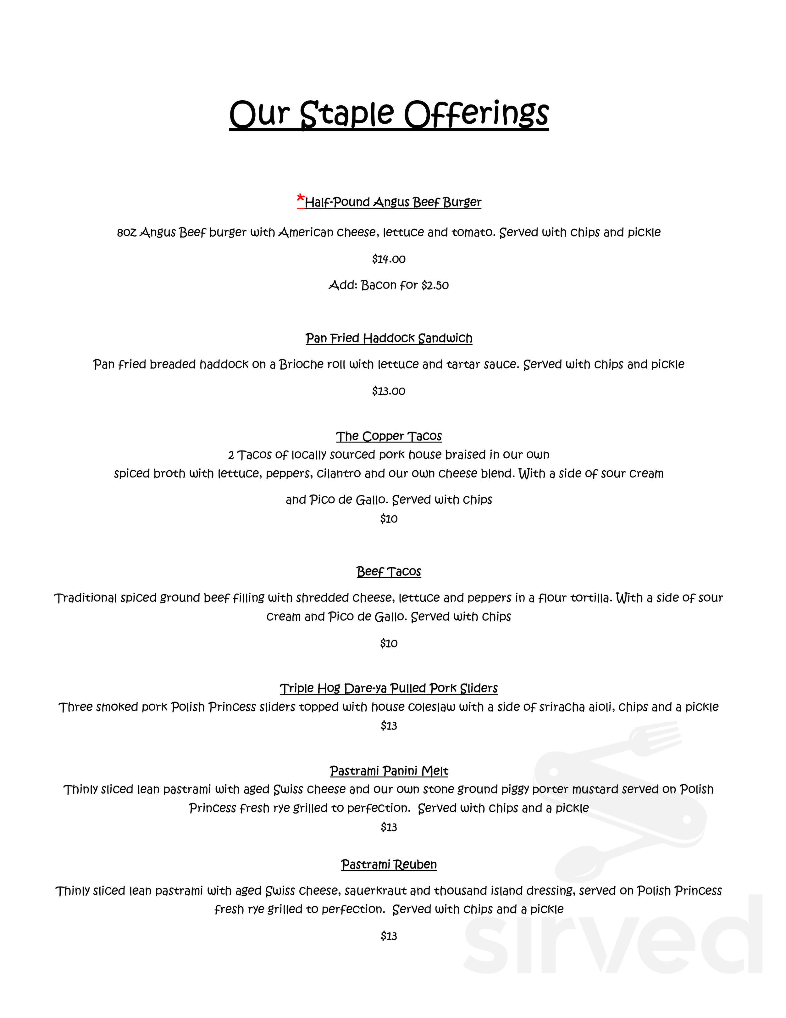 Copper Pig Brewery menu in Lancaster, New Hampshire, USA