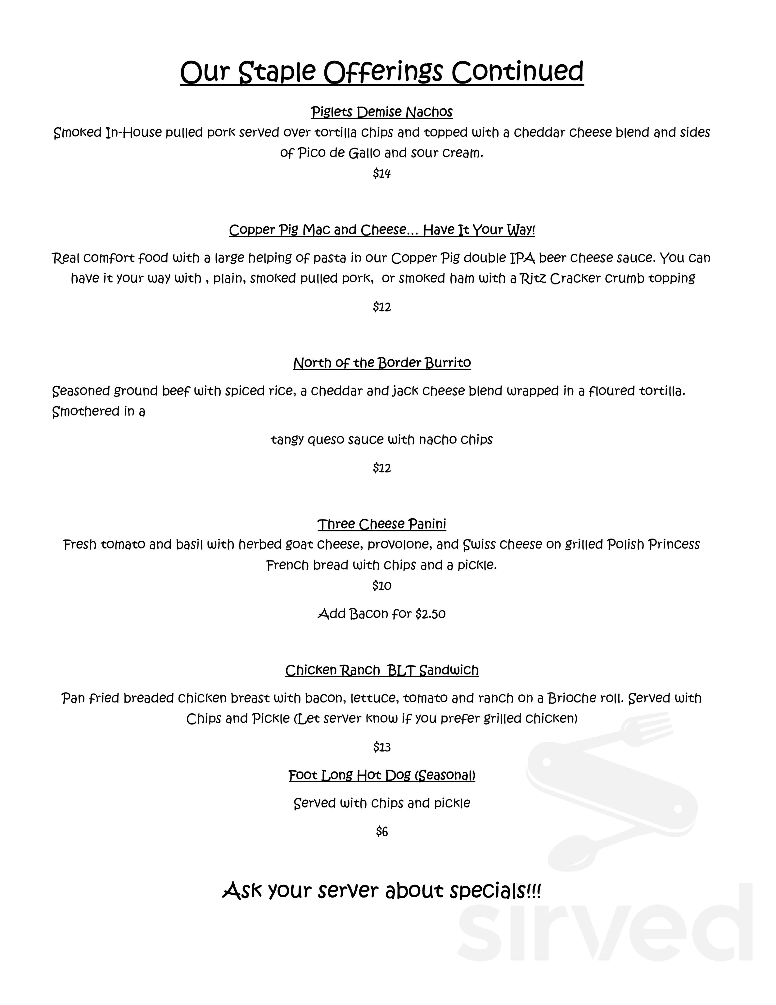 Copper Pig Brewery menu in Lancaster, New Hampshire, USA