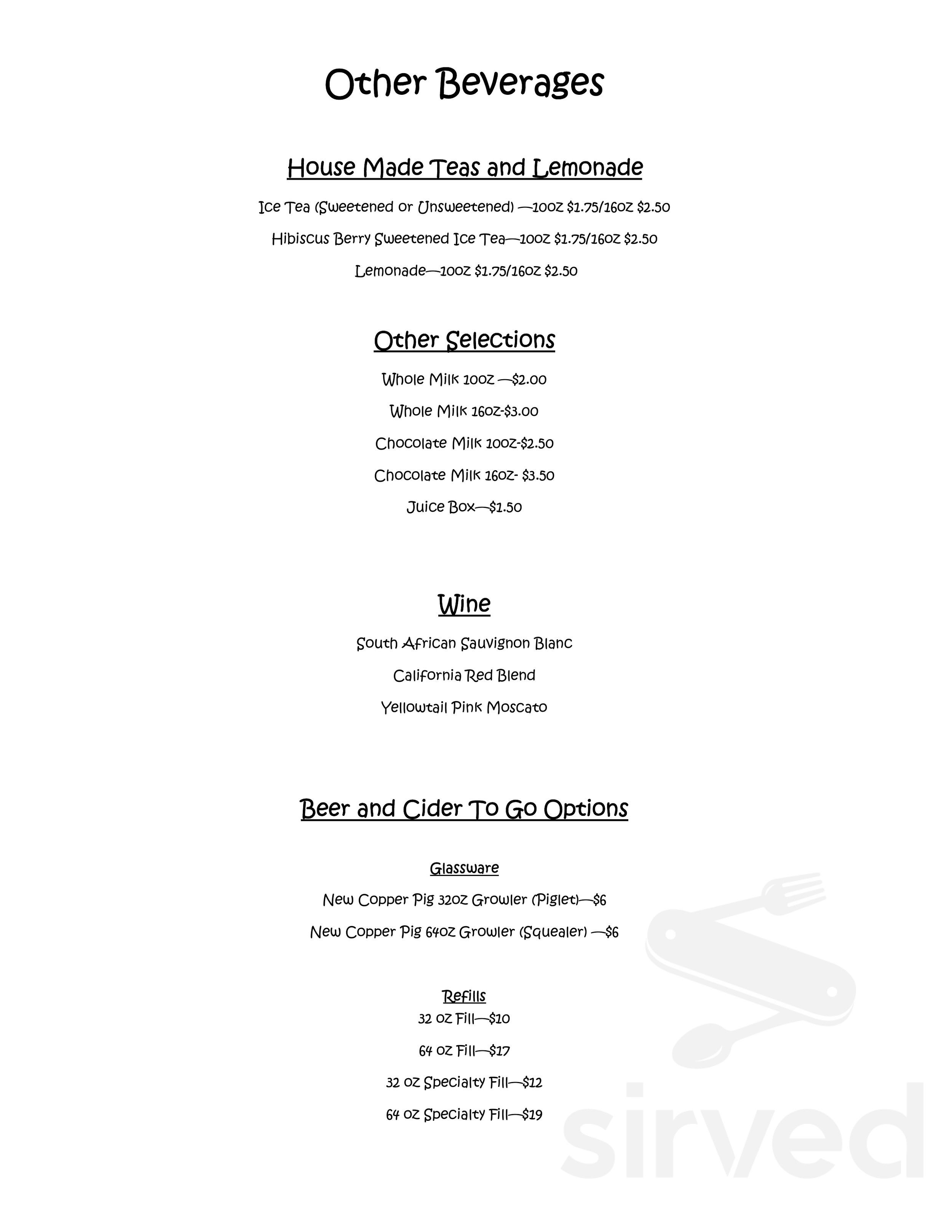 Copper Pig Brewery menu in Lancaster, New Hampshire, USA