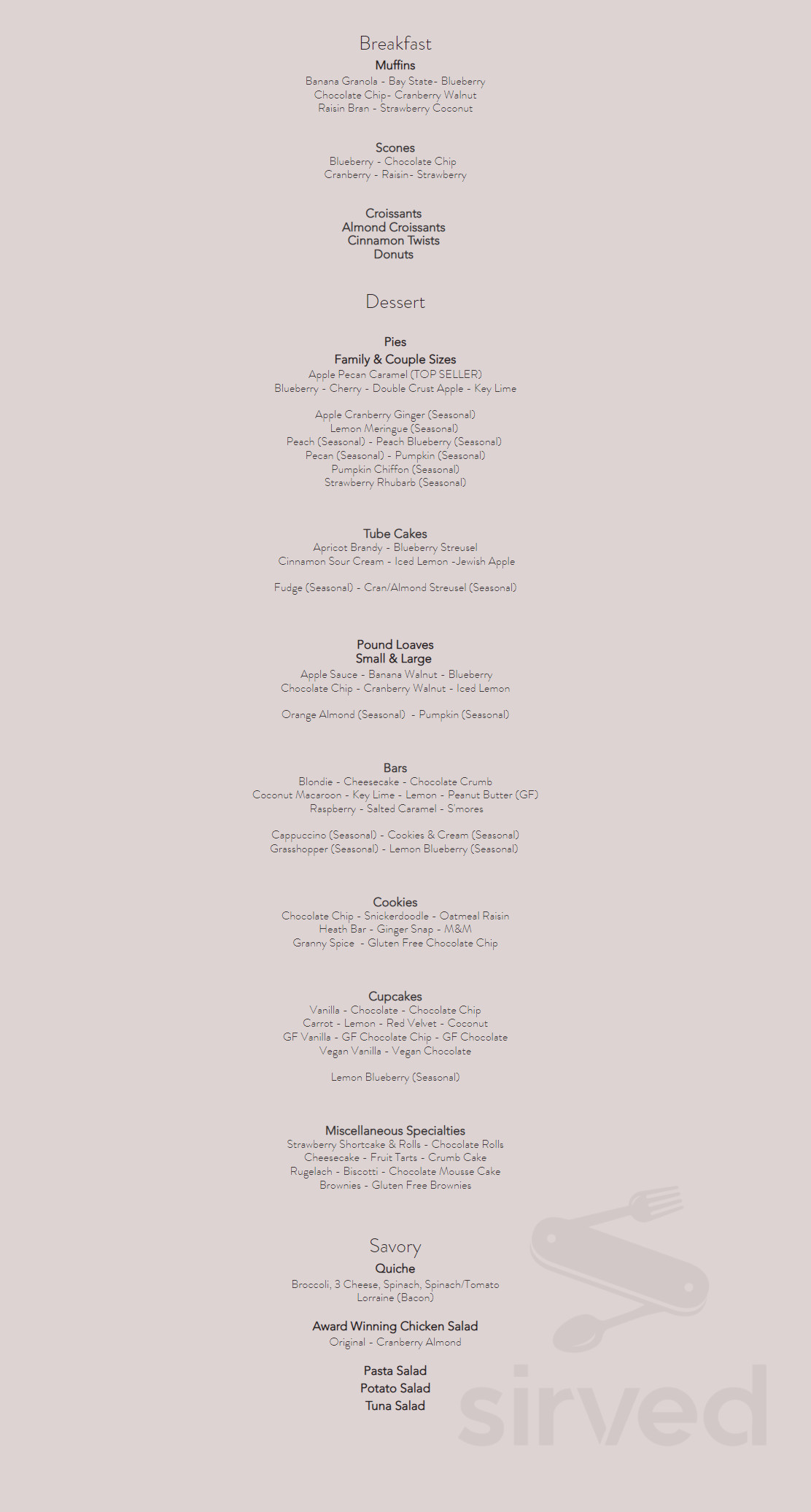 The Bakery House menu in Bryn Mawr, Pennsylvania, USA