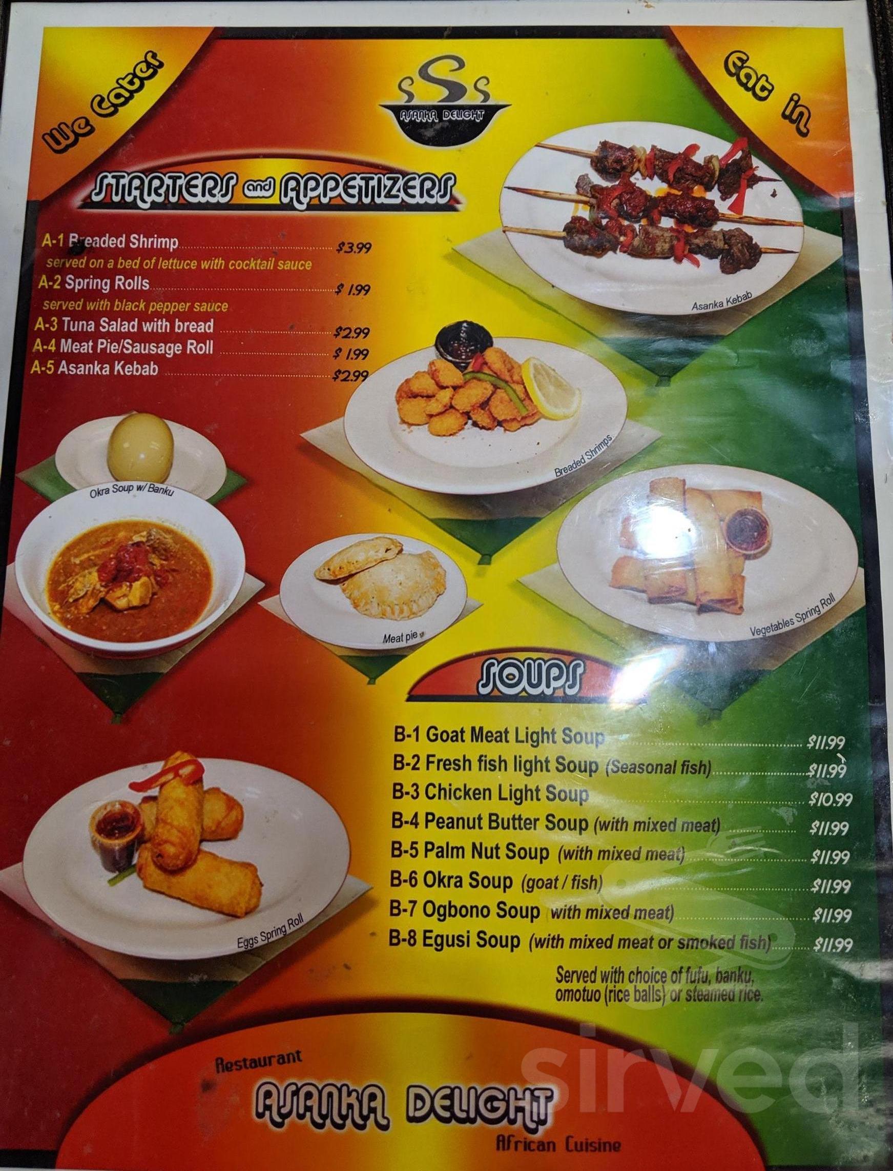 Asanka Delight African Cuisine menu in Somerset, New Jersey, USA