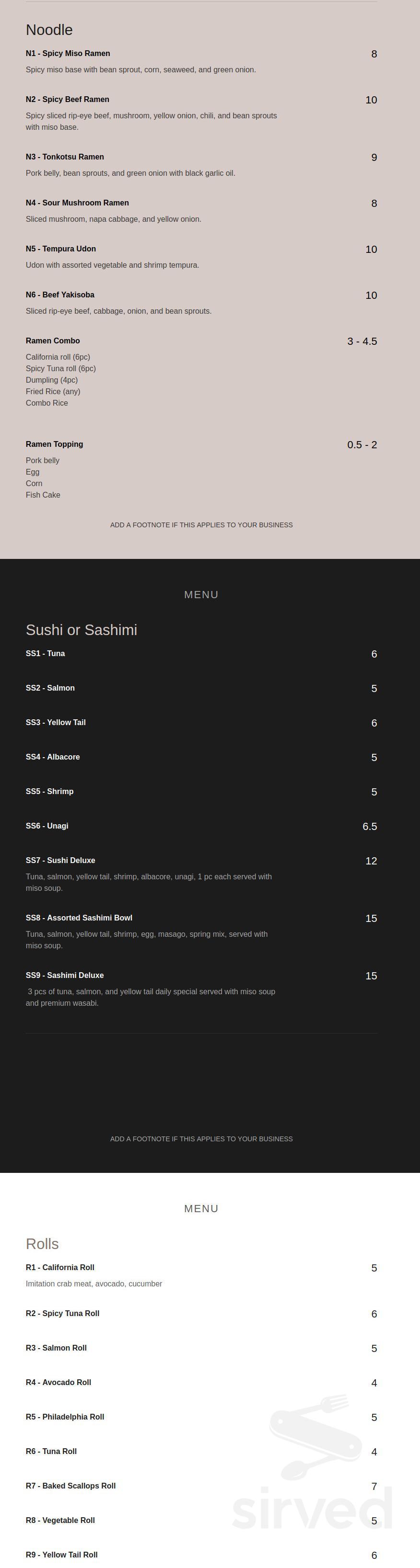 San Sushi menu in Placentia, California, USA