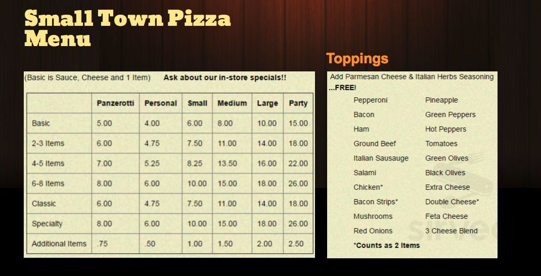 Small town pizza Palmerston menus in Palmerston, Ontario, Canada