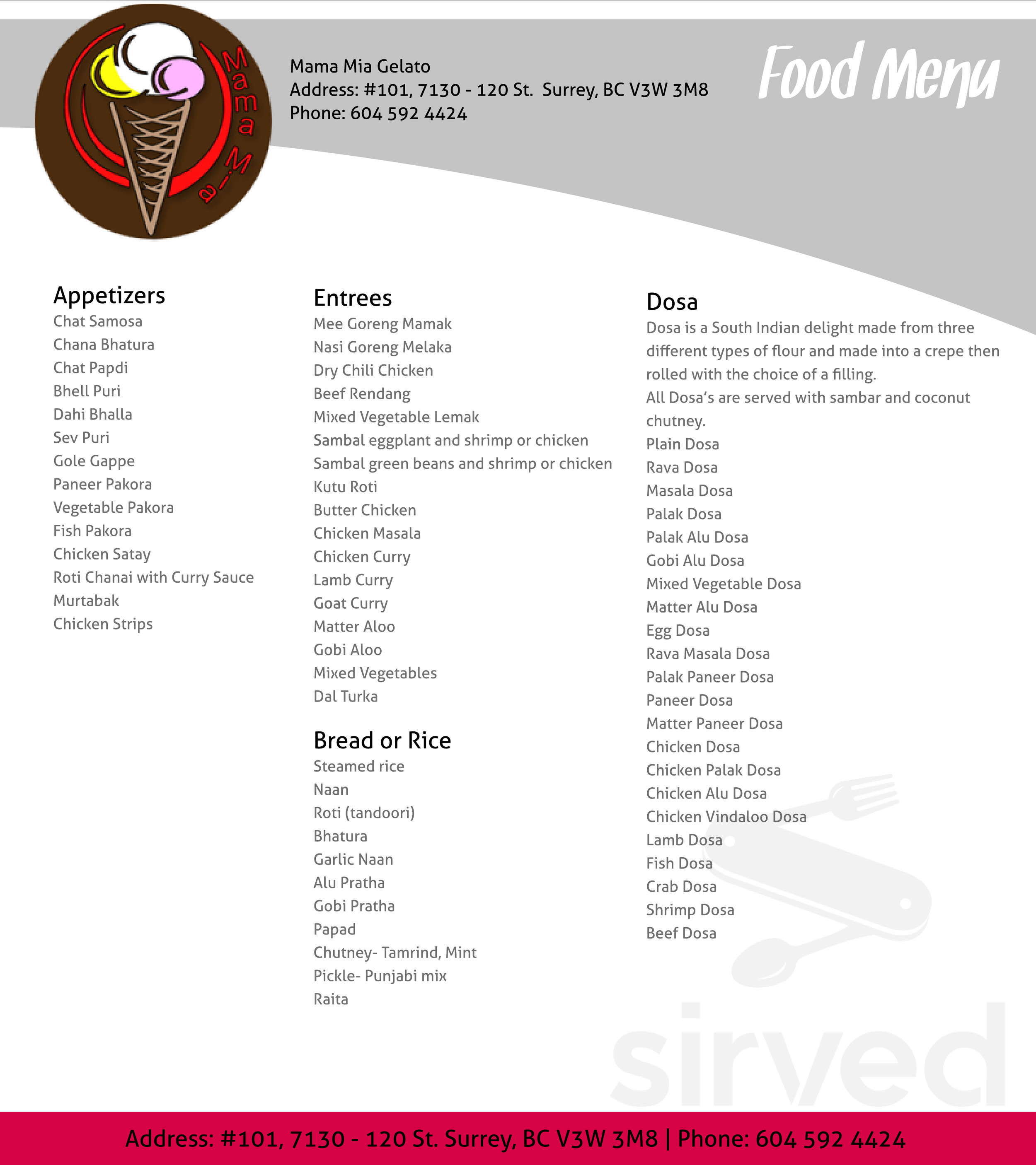 Mama Mia Ice Cream menu in Surrey, British Columbia, Canada