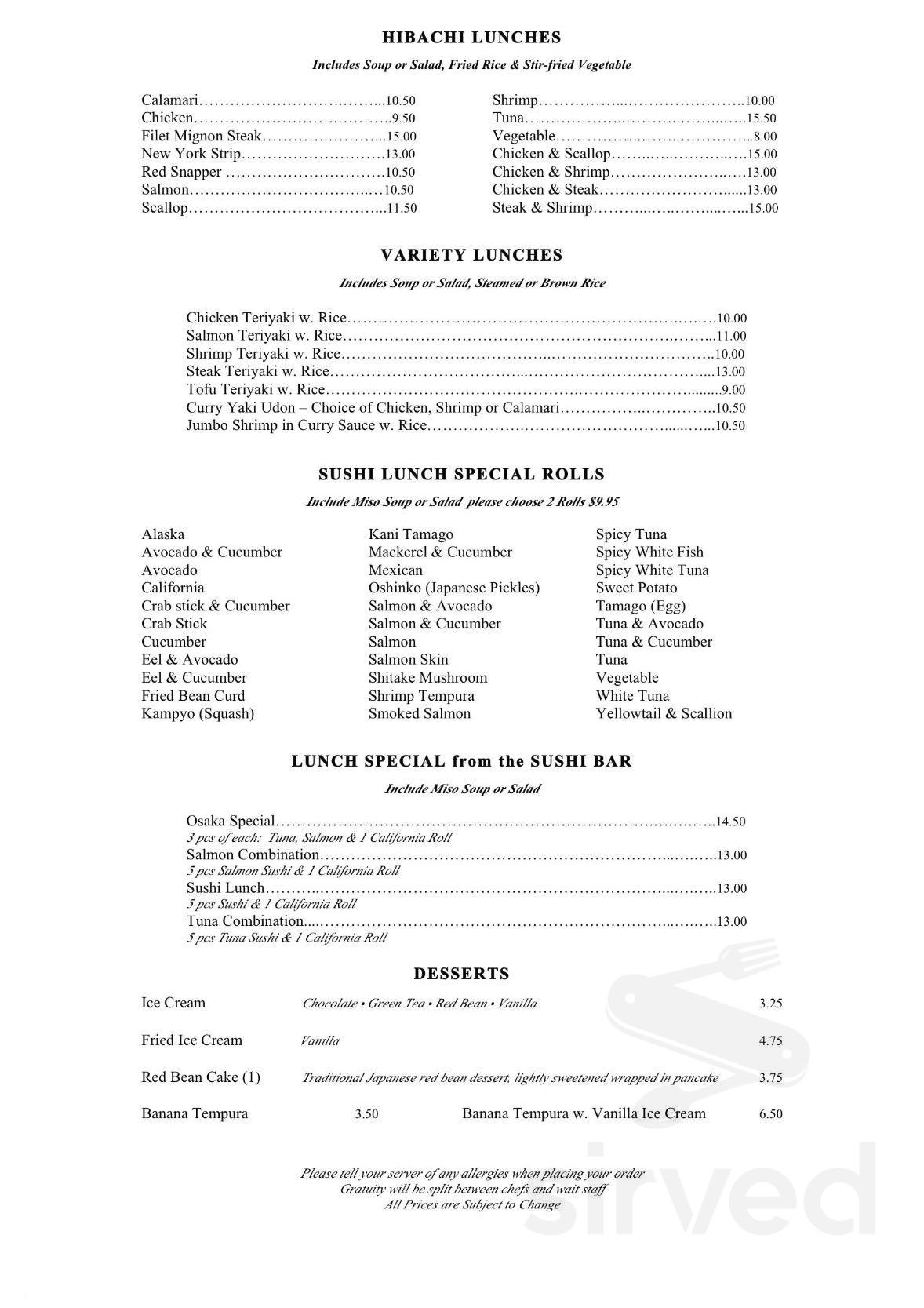 Osaka menu in Scranton, Pennsylvania, USA