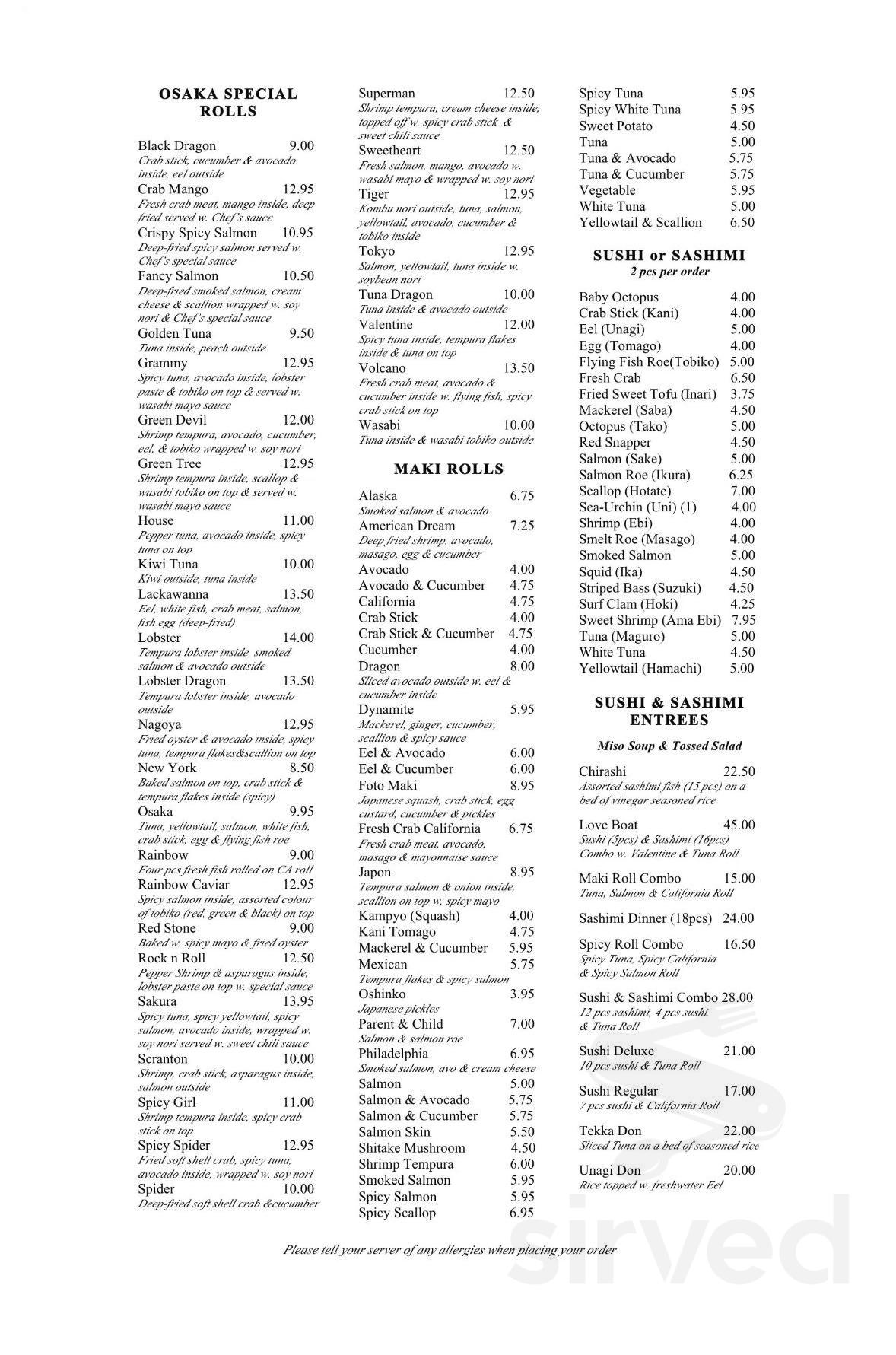 Osaka menus in Scranton, Pennsylvania, United States