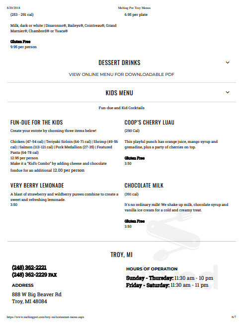 Menu - King of Prussia PA's The Melting Pot | Sirved