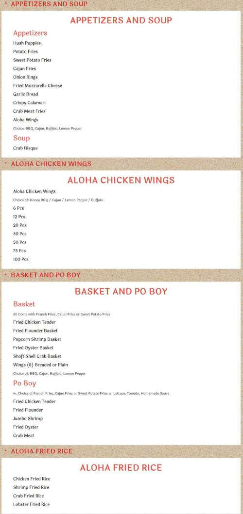 Aloha Krab Cajun Seafood & Bar menu in Albany, New York, USA