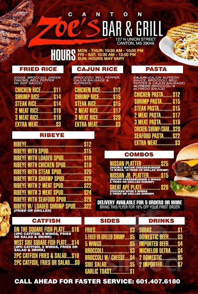 Canton Zoe's Bar &Grill menu in Canton, Mississippi, USA