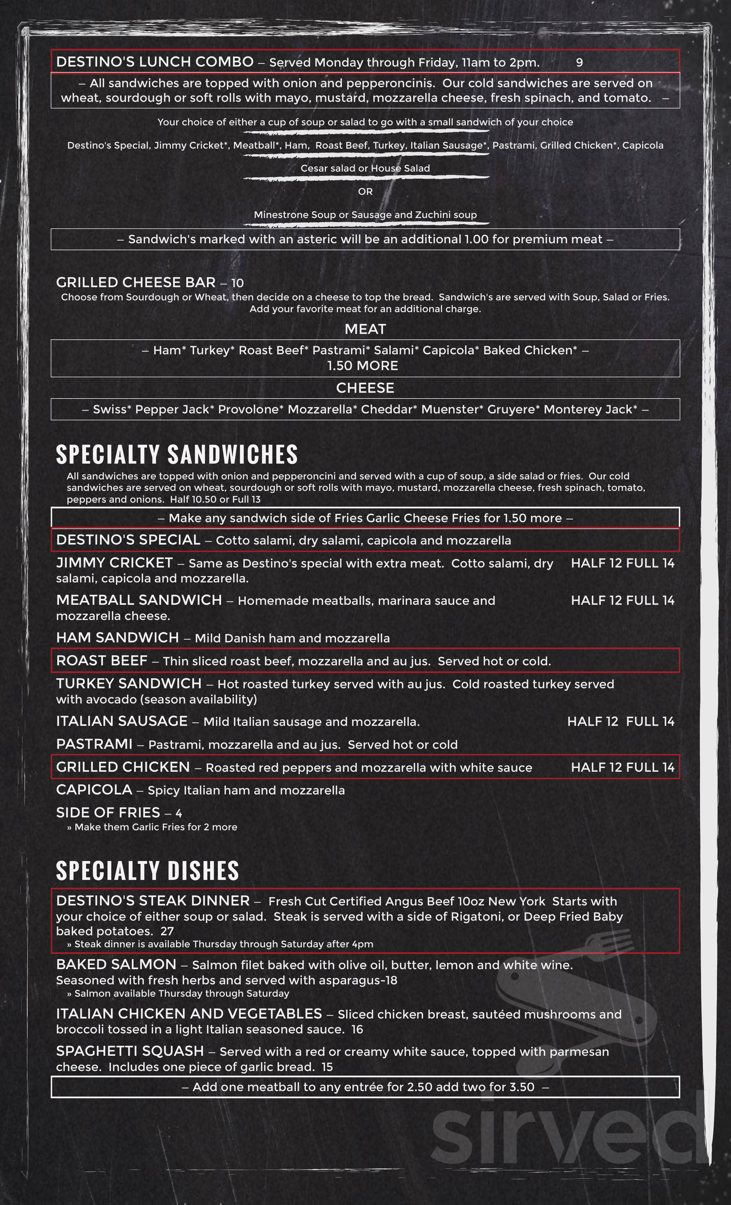 Menu - Merced CA's Destino's | Sirved