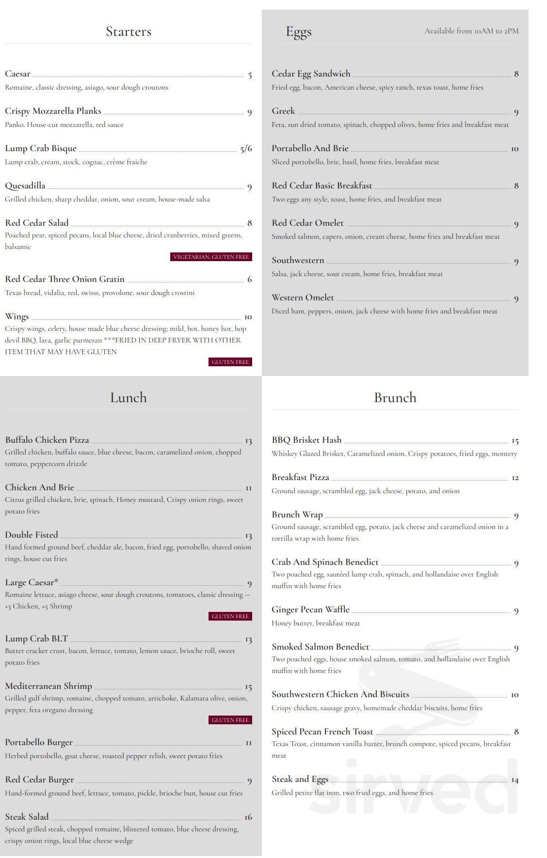 Menu for Red Cedar Grille & Cocktails in Colmar, PA | Sirved