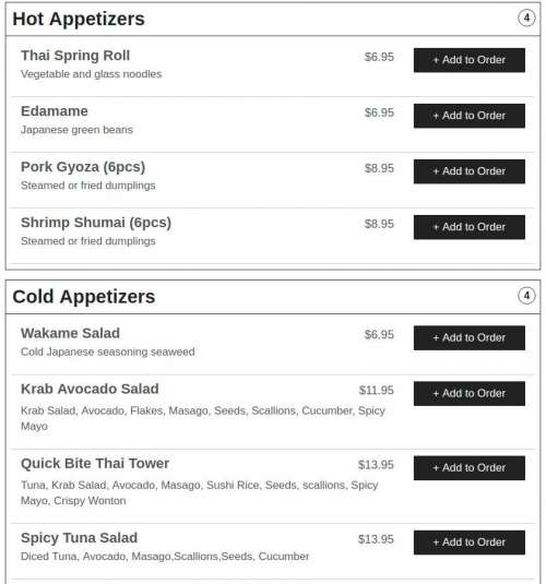 Quick bite Thai & Sushi menu in Deerfield Beach, Florida, USA