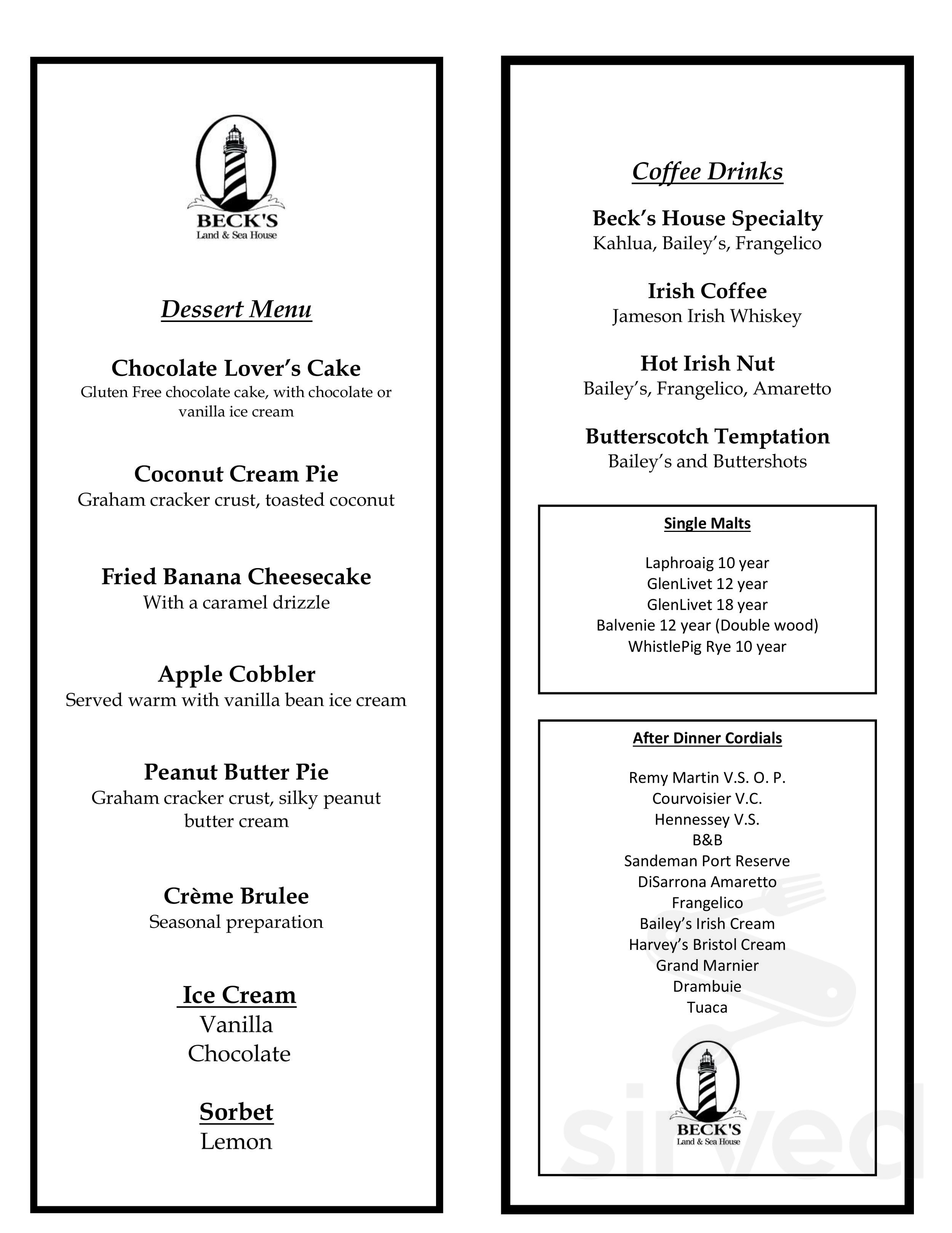 Beck's Land & Sea House menu in Nazareth, Pennsylvania, USA