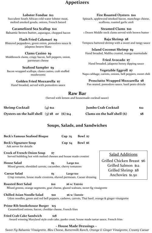 Beck's Land & Sea House menu in Nazareth, Pennsylvania, USA