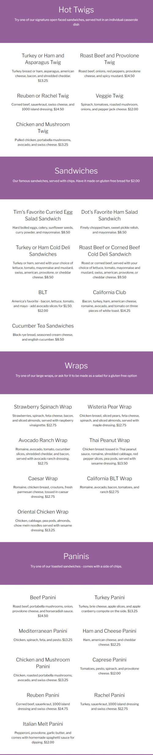 Wisteria Twig Cafe & Tea Room menu in Red Wing, Minnesota, USA