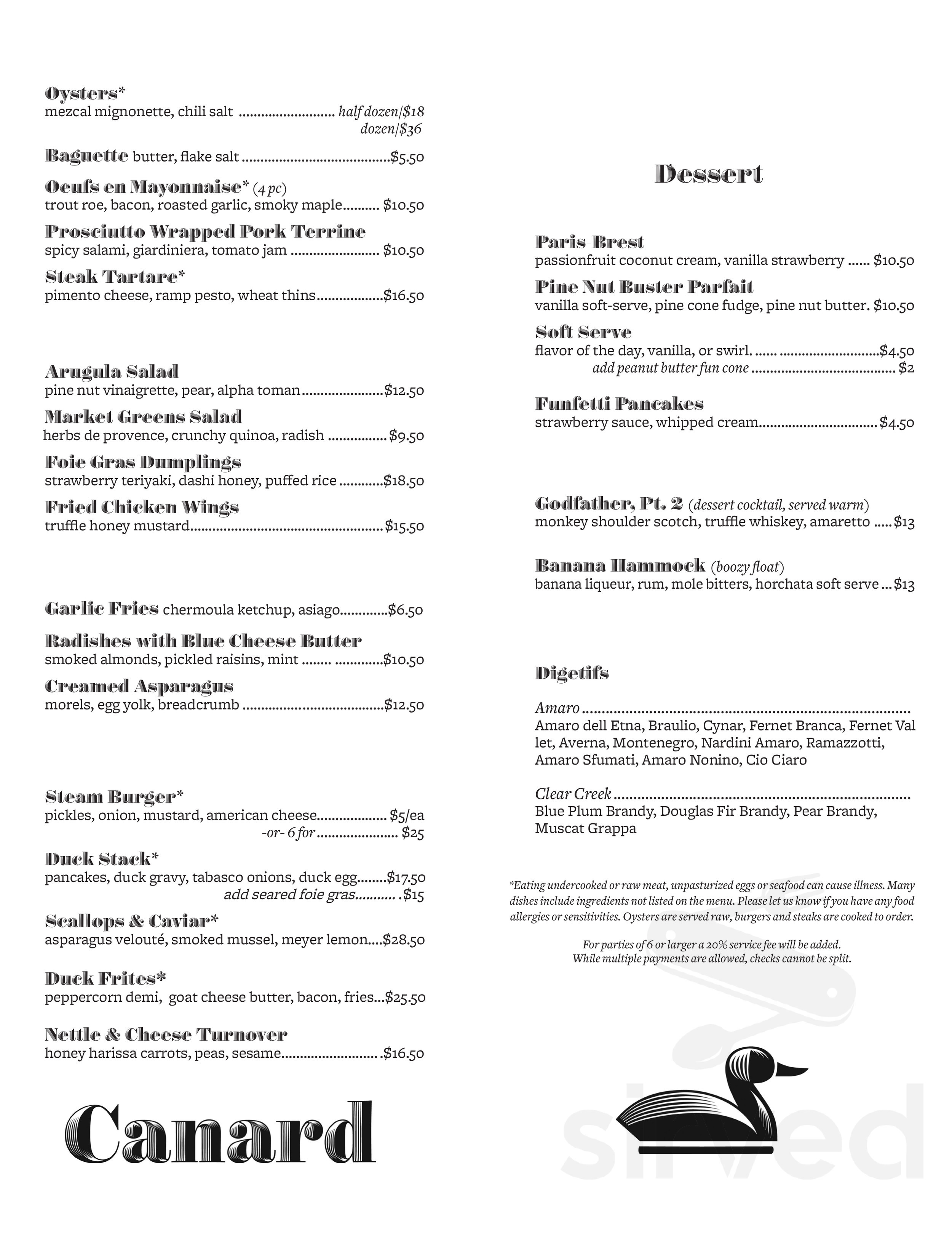 Menu for Canard in Portland, OR | Sirved