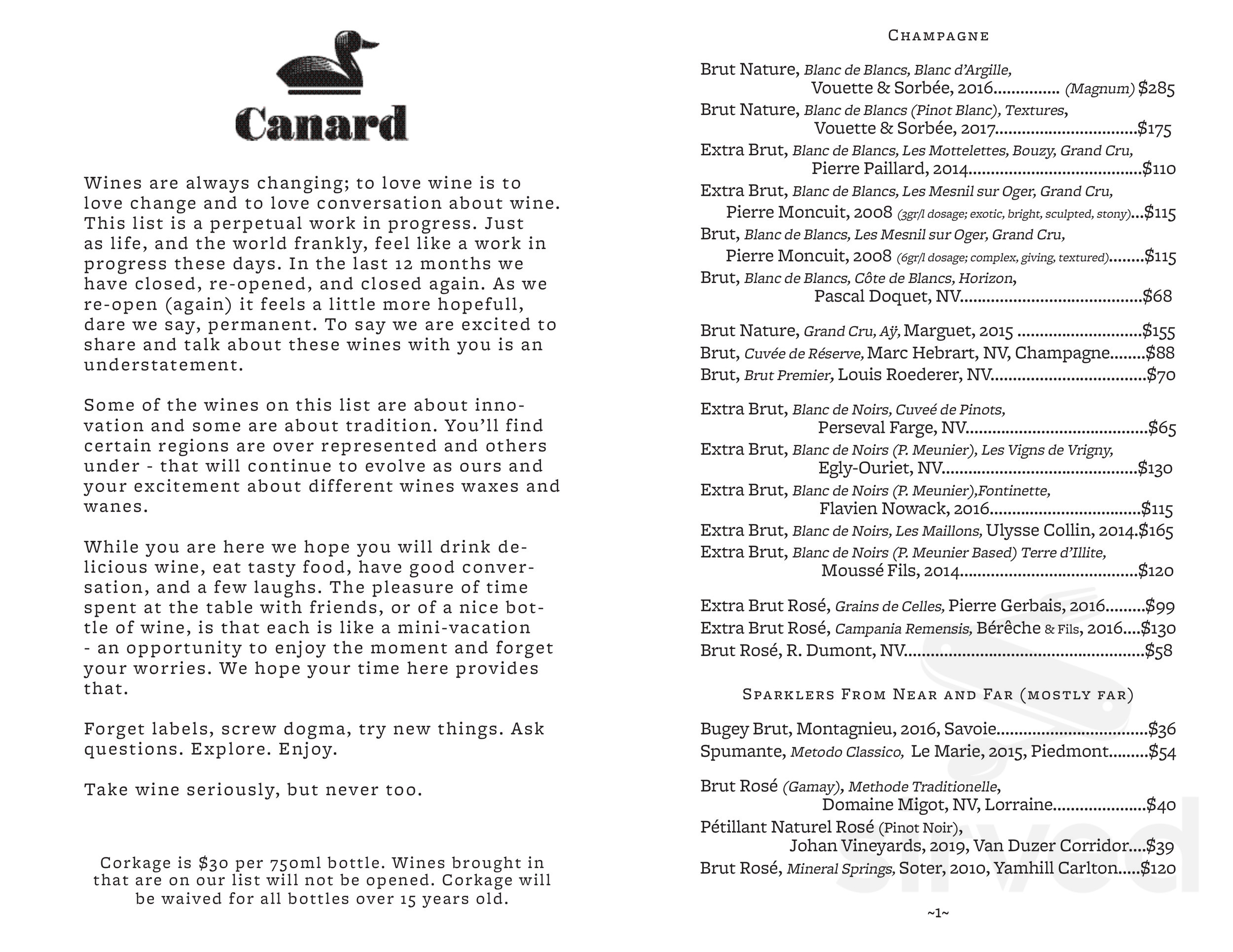 Menu for Canard in Portland, OR | Sirved