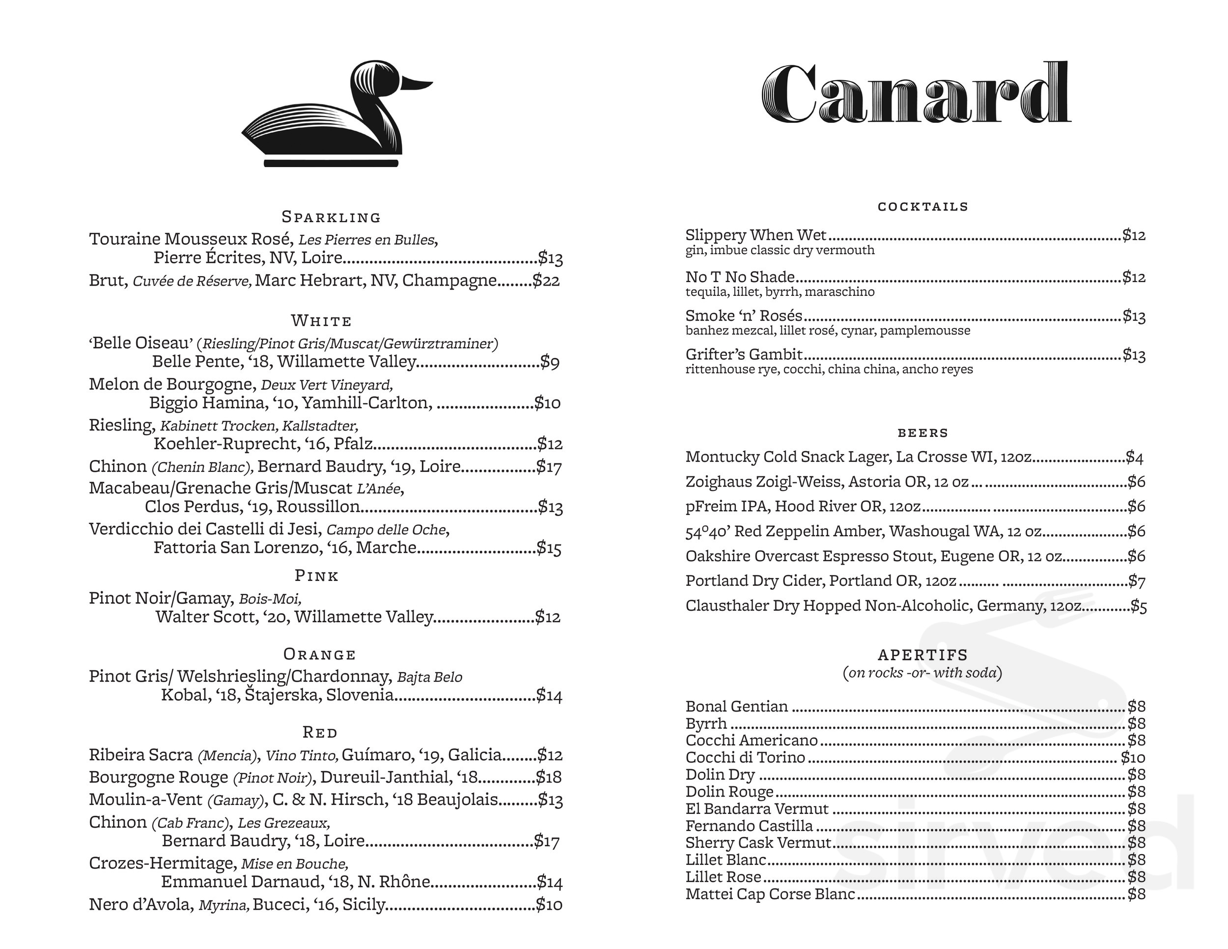 Menu for Canard in Portland, OR | Sirved