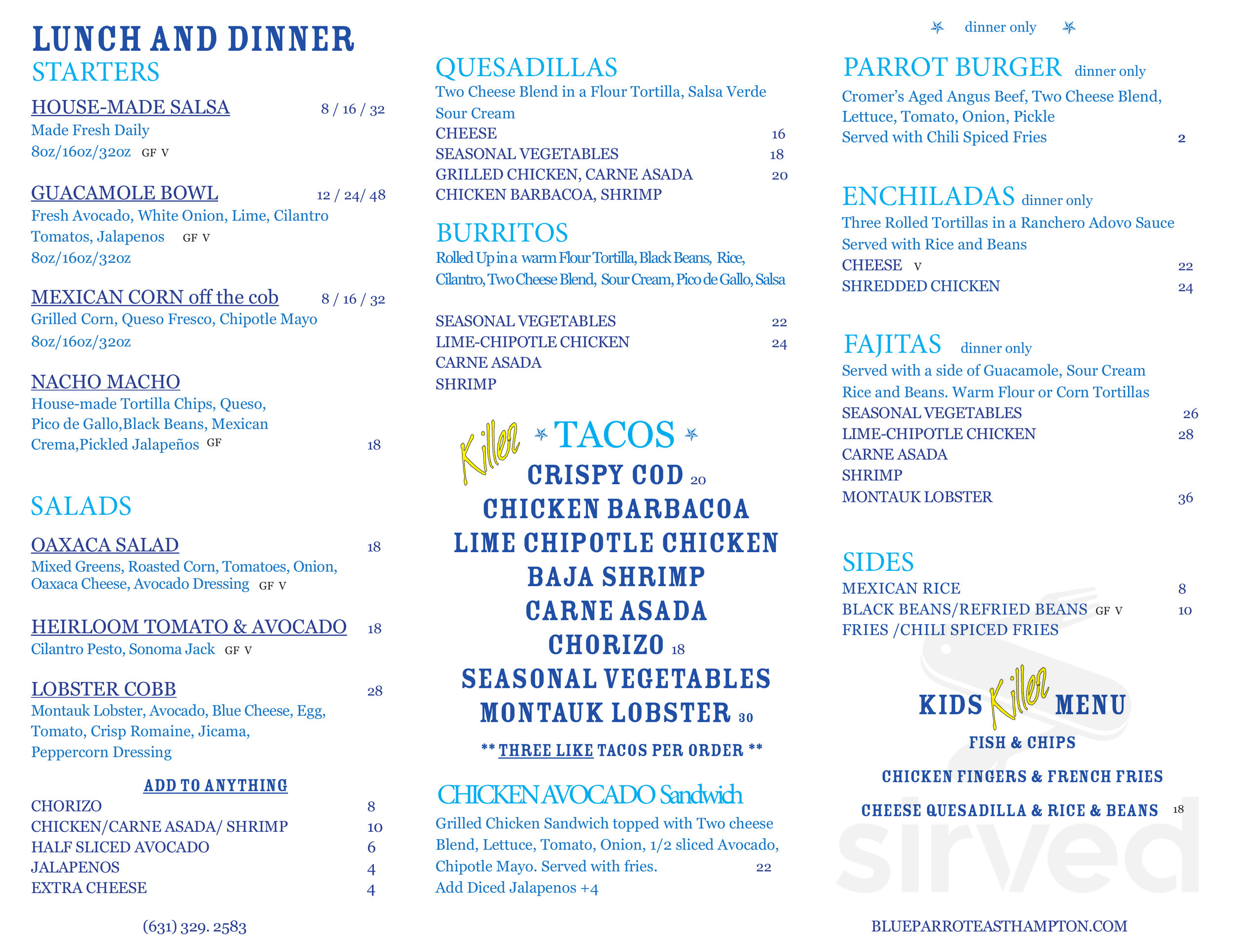 Blue Parrot menu in East Hampton, New York, USA