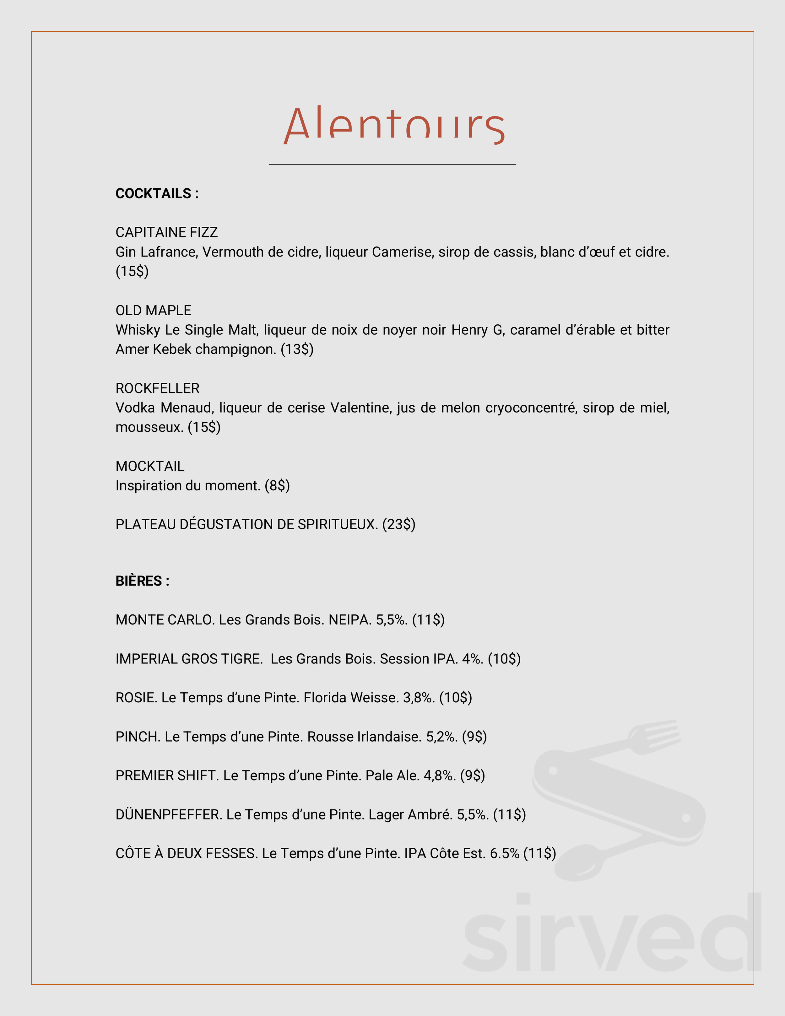 Menu - Québec City QC's Restaurant Alentours | Sirved