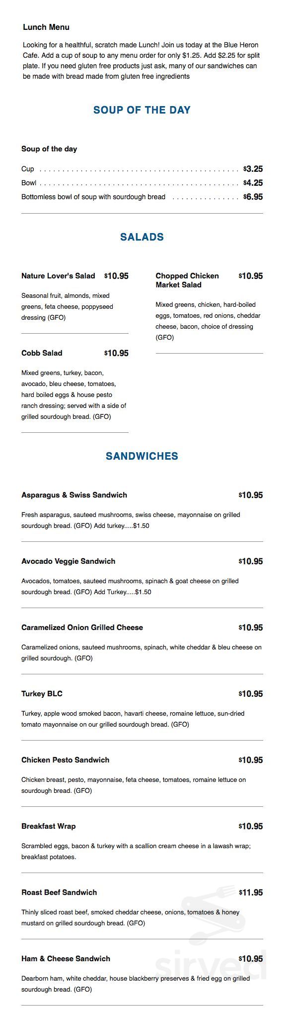 Menu for Blue Heron Cafe in Cadillac, Michigan, United States