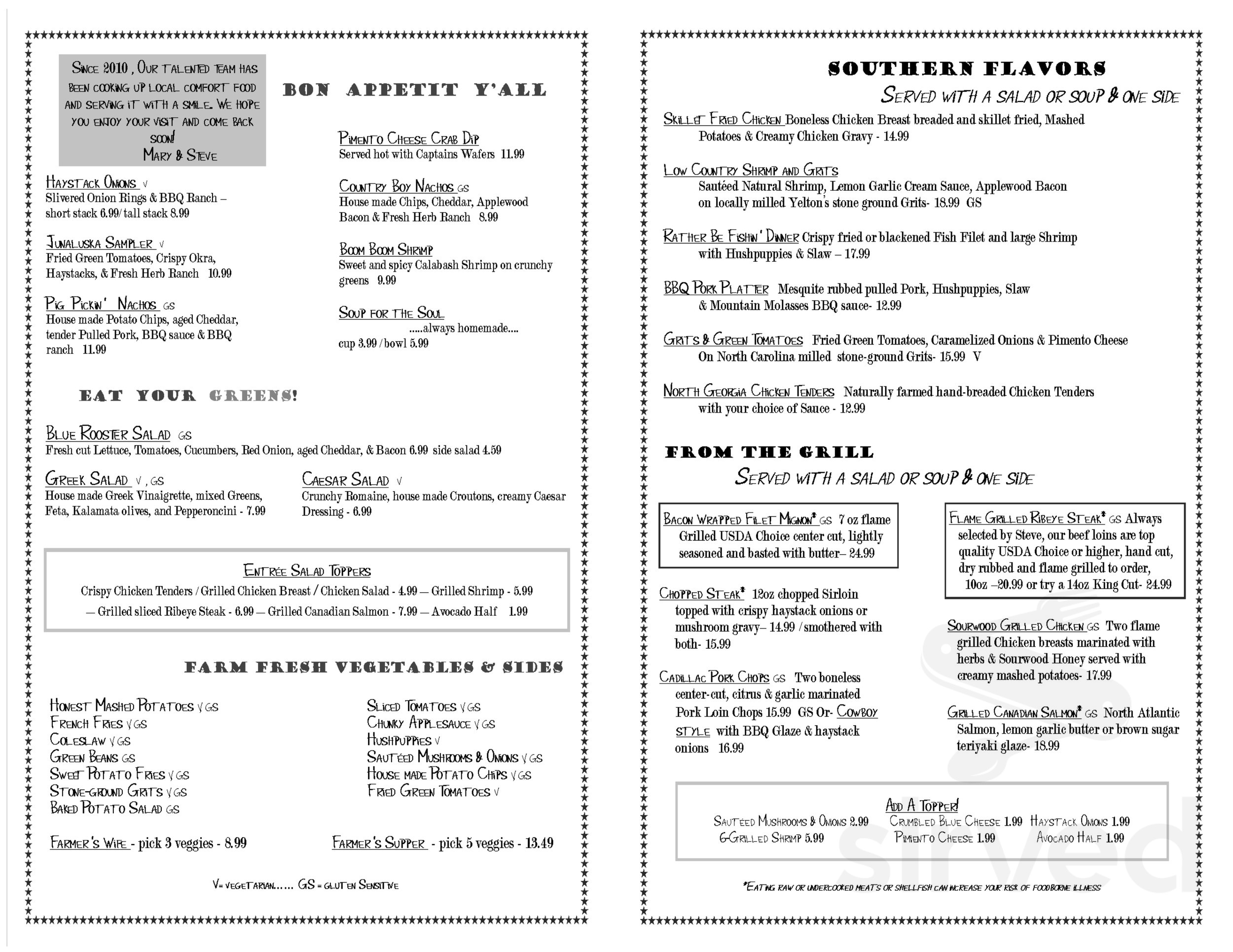 Blue Rooster Southern Grill menu in Clyde, North Carolina, USA
