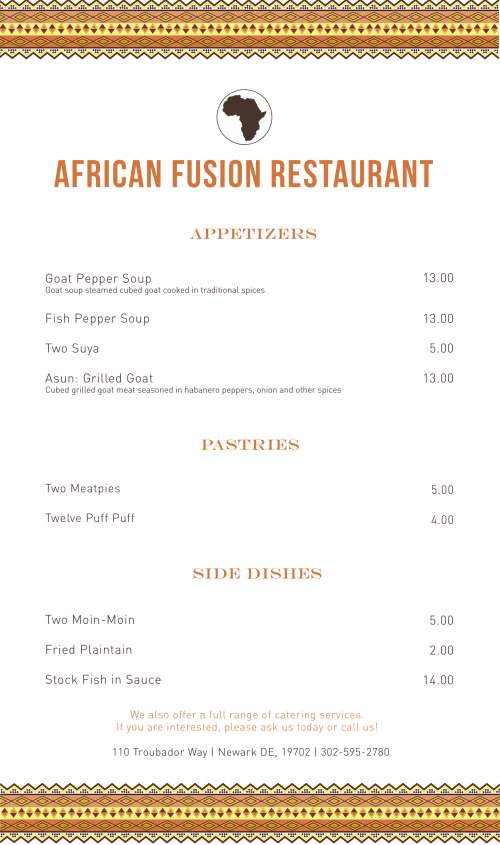 African Fusion Restaurant menu in Dover, Delaware, USA