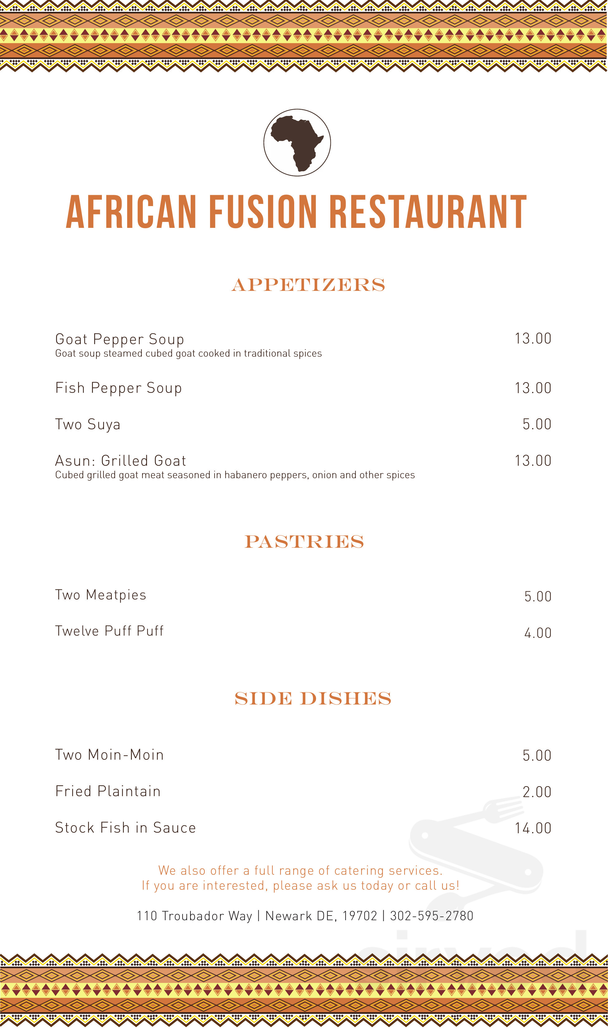 African Fusion Restaurant menu in Dover, Delaware, USA