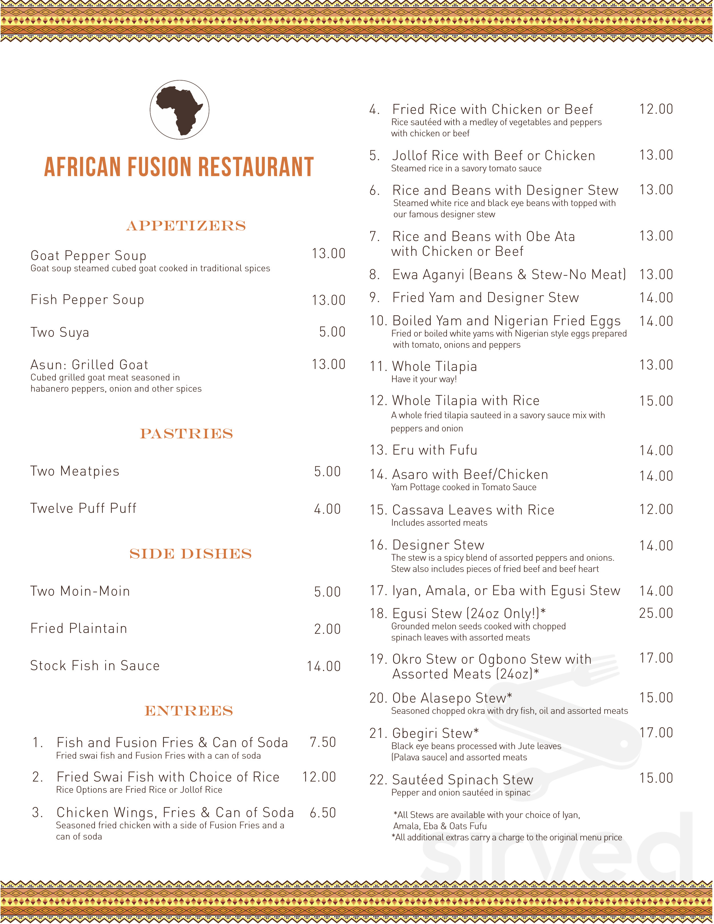 African Fusion Restaurant menus in Dover, Delaware, United States