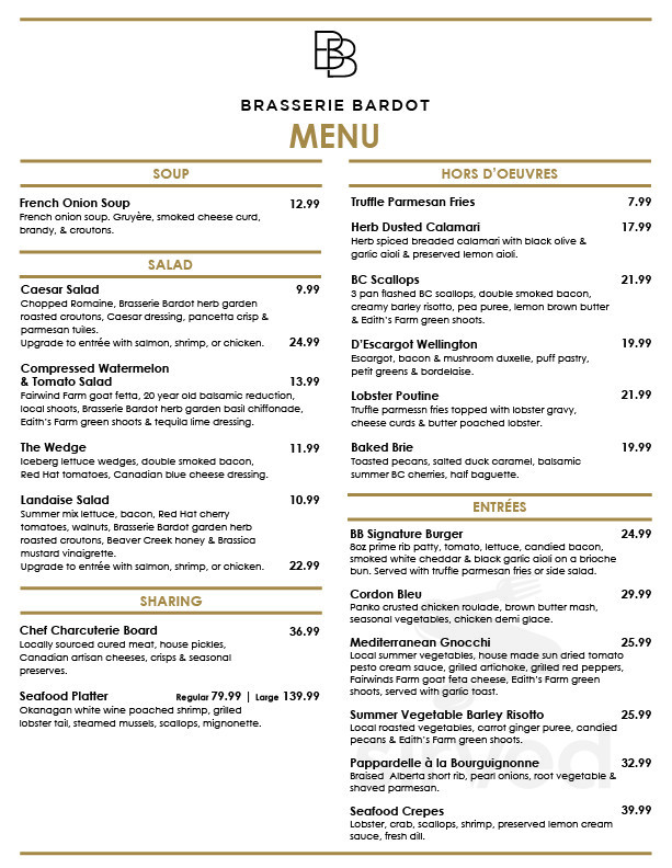 Brasserie Bardot menu in Edmonton, Alberta, Canada