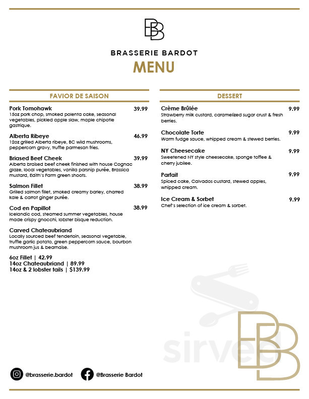 Brasserie Bardot menu in Edmonton, Alberta, Canada