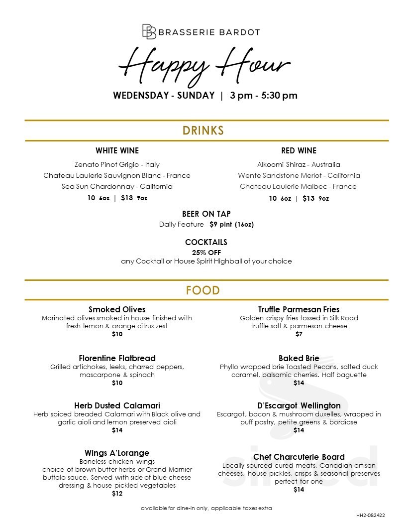 Menu for Brasserie Bardot in Edmonton, AB | Sirved