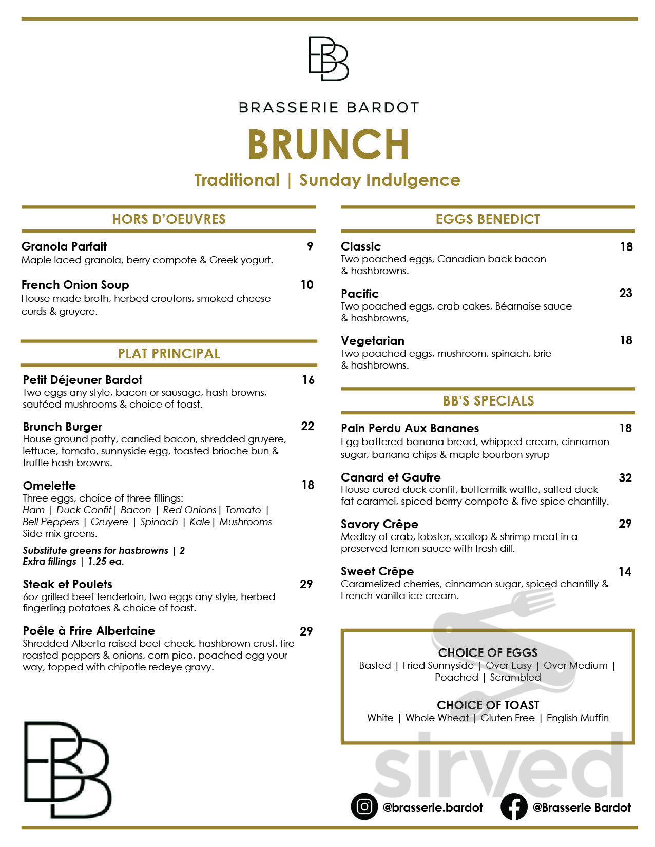 Menu for Brasserie Bardot in Edmonton, AB | Sirved