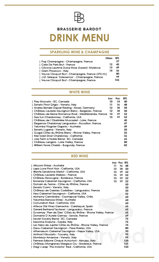 Menu - Edmonton AB's Brasserie Bardot | Sirved