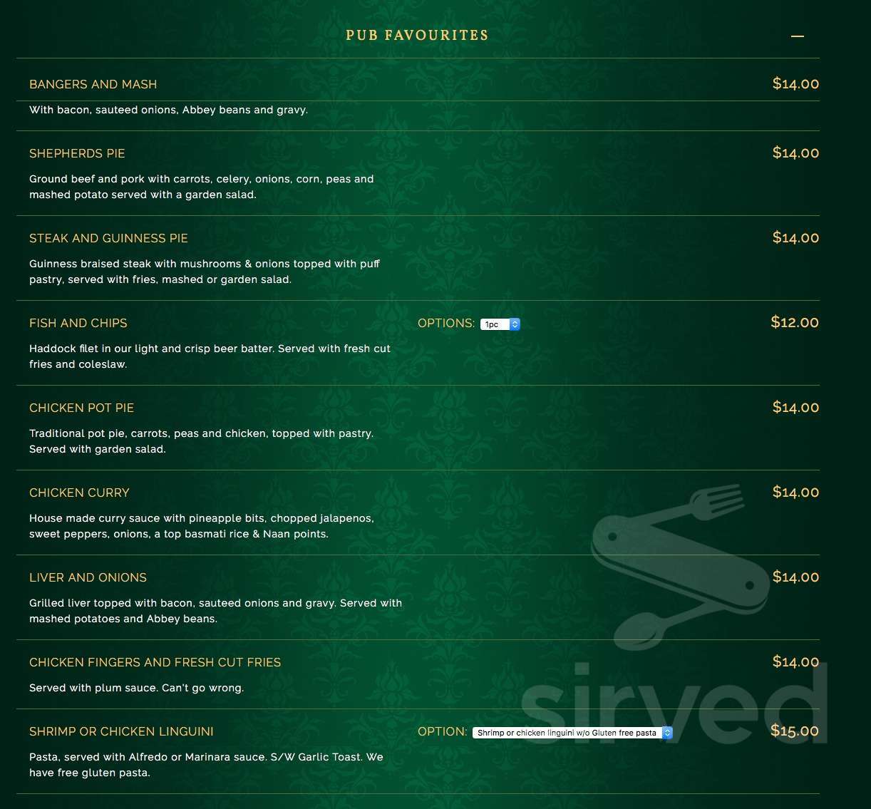 Abbey Road Pub & Patio menu in Mississauga, Ontario, Canada